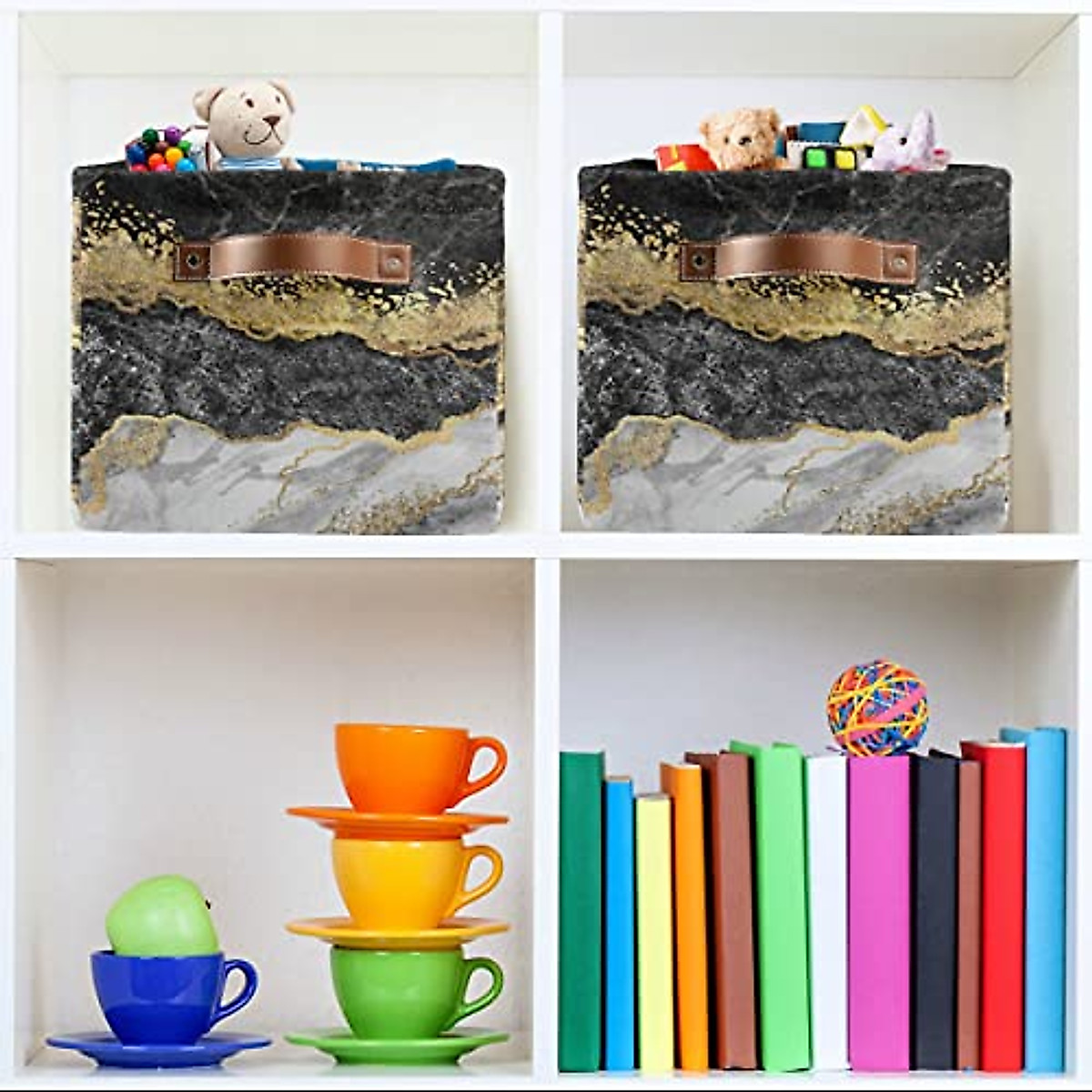 Gold Black Marble Storage Bins, Square Storage Basket Canvas Storage Organizer Closet Shelf Organizer for Home Office, 1 Pc