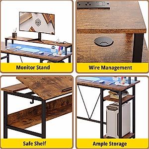 IRONCK L Shaped 70.8" Computer Corner Desk with LED and Power Outlets, 95" I-Shaped Two-Person Reversible Drafting Table with Storage Shelves & Monitor Stand for Home Office, Bedroom, Brown