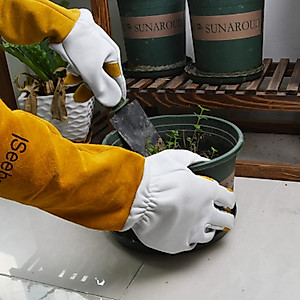 Long Gardening Gloves,Thorn Proof Genuine Leather Work Gloves, Garden Gloves with Long Cowhide Gauntlet to Protect Your Arms Until the Elbow, Working Gloves for Man and Women (Medium, Brown)