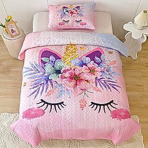 Twin Size Quilt Set for Girls 2-Piece Pink Unicorn Kids Comforter Bedding Set Stars Flowers Reversible Quilted Bedspread Coverlet Lightweight Bed Sheet Set Cover Throw Blanket with Pillow Sham