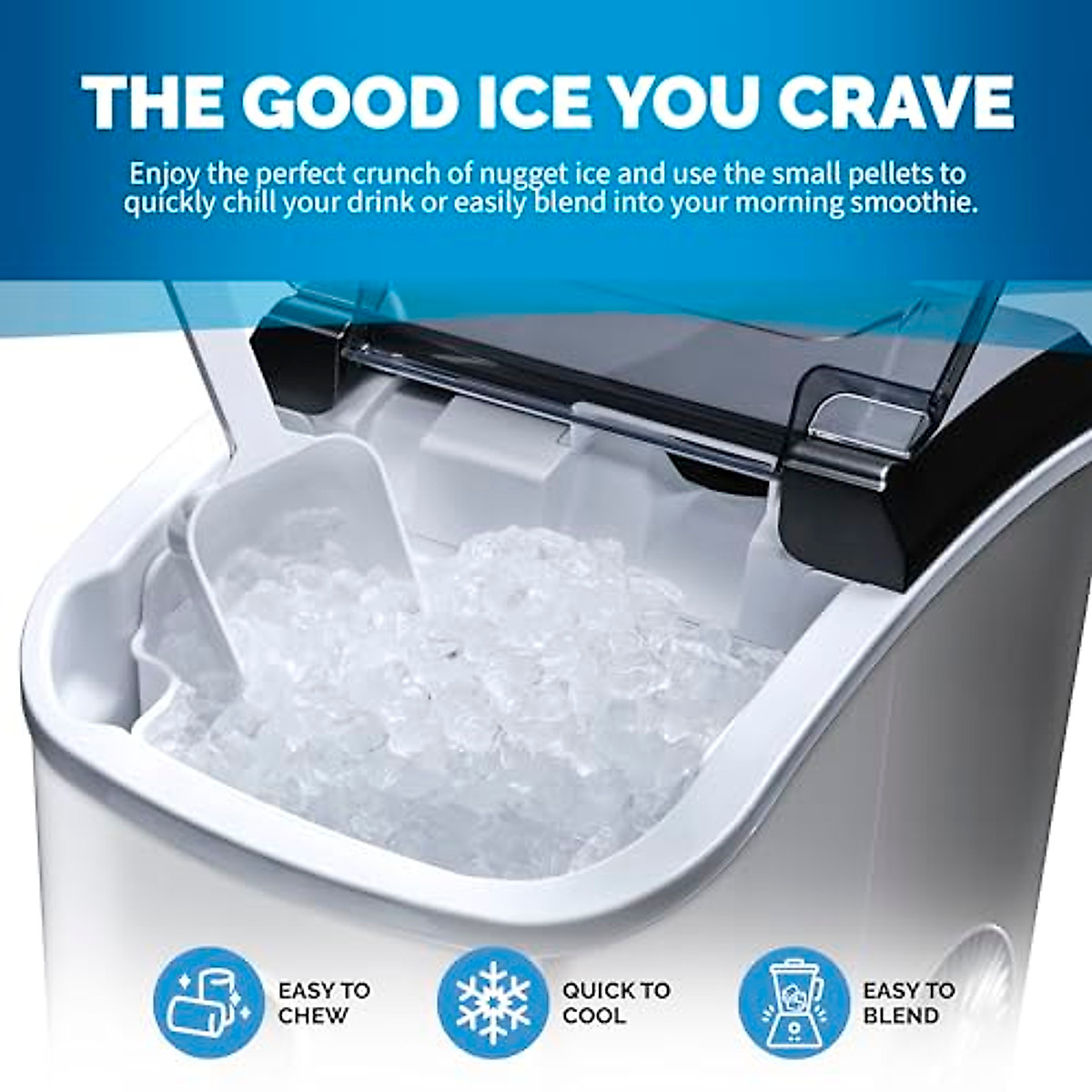 Newair Nugget Countertop Ice Maker Machine | 26 lbs. | Sonic Ice Maker in Stainless Steel, Self-Cleaning Function, Refillable Water Tank, Perfect Canes Ice for Kitchens, Offices, Home Coffee Bars
