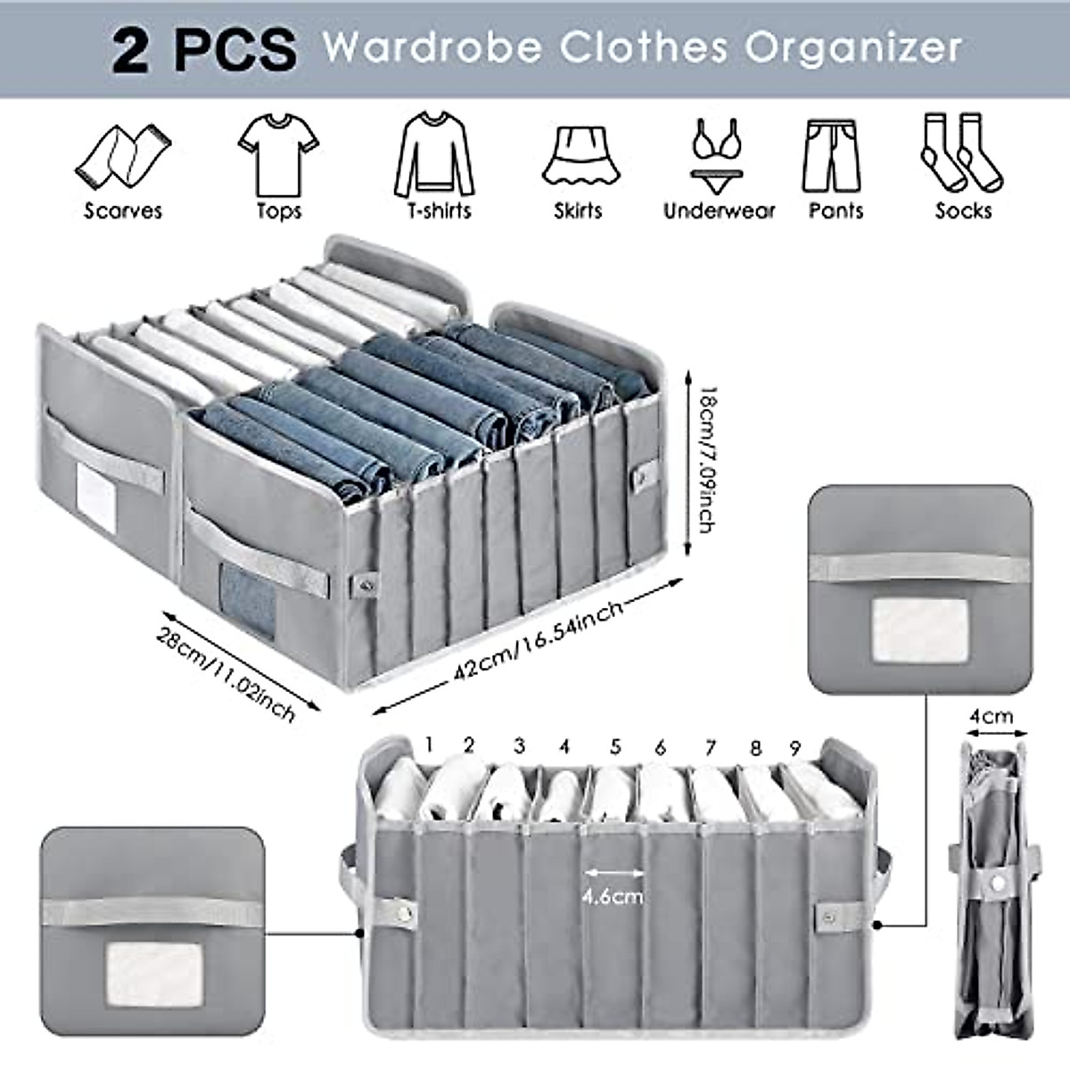 CHICECO 2 Pcs Jeans Wardrobe Clothes Organizer 9 Grids Washable Folding T-shirt Organizer for Closet Drawers