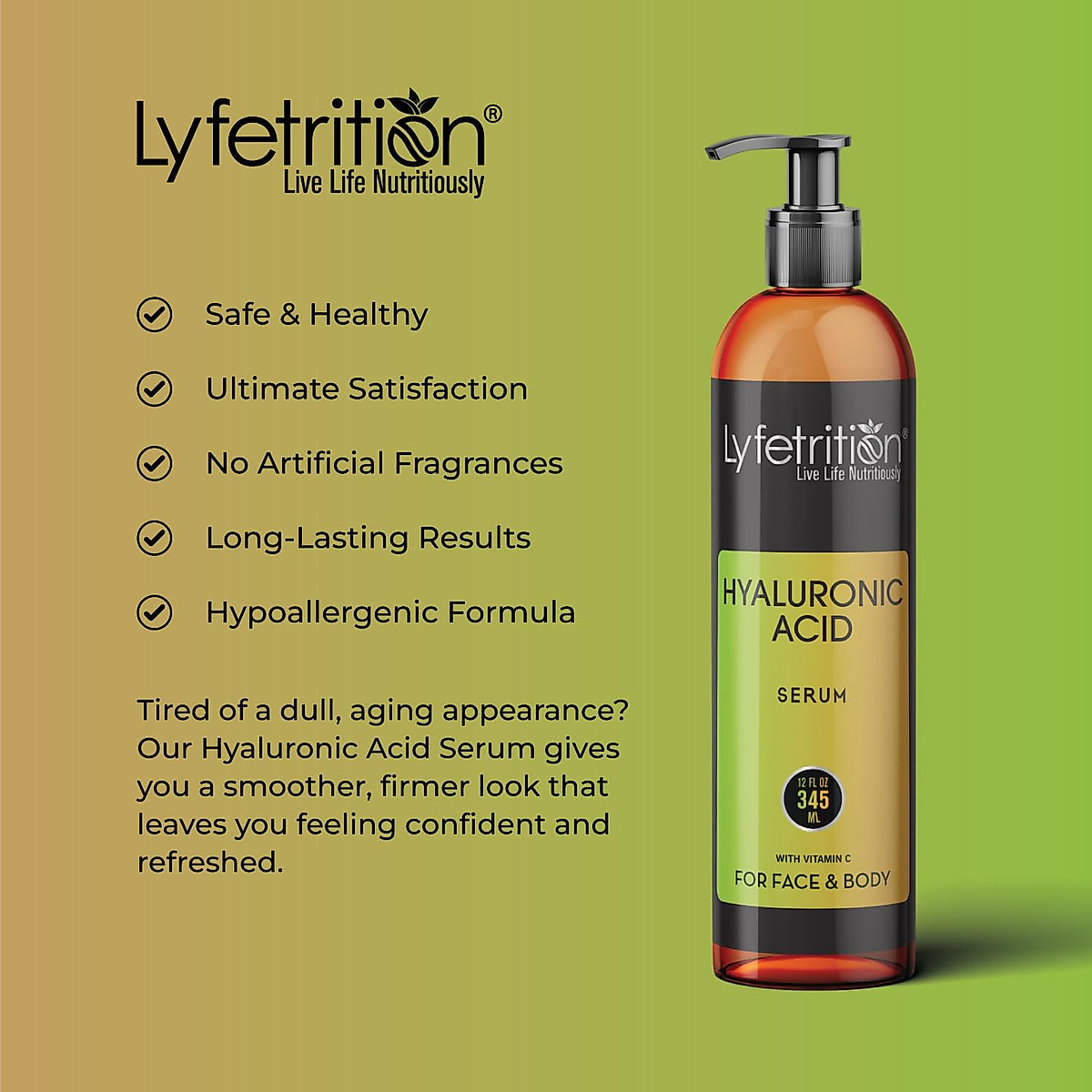 Lyfetrition Hyaluronic Acid Serum for Skin, Moisturizing and Hydrating Serum for All Types of Skin, 100% Natural Face Serum with Vitamin C & Aloe Vera (12 Fl Oz), Clear Serum, (Lyfe7581)