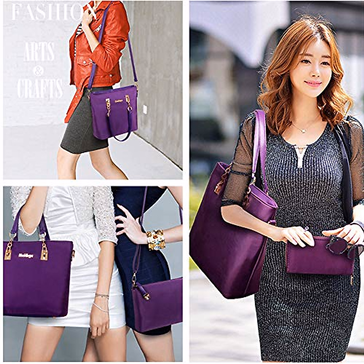 AlwaySky Nylon Women's Shoulder Bag 6 PCS Top-Handle Handbag Tote Purse Wallet Key Case Set (Purple)