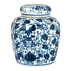Creative Co-Op Blue & White Ceramic Ginger Jar with Lid
