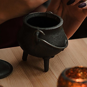 Cast Iron Cauldron with Lid and Carry Handle, 4 Inch Halloween Witch Pot for Spells, Smudging, Ritual & Blessings | Halloween Decoration Or Incense Burning
