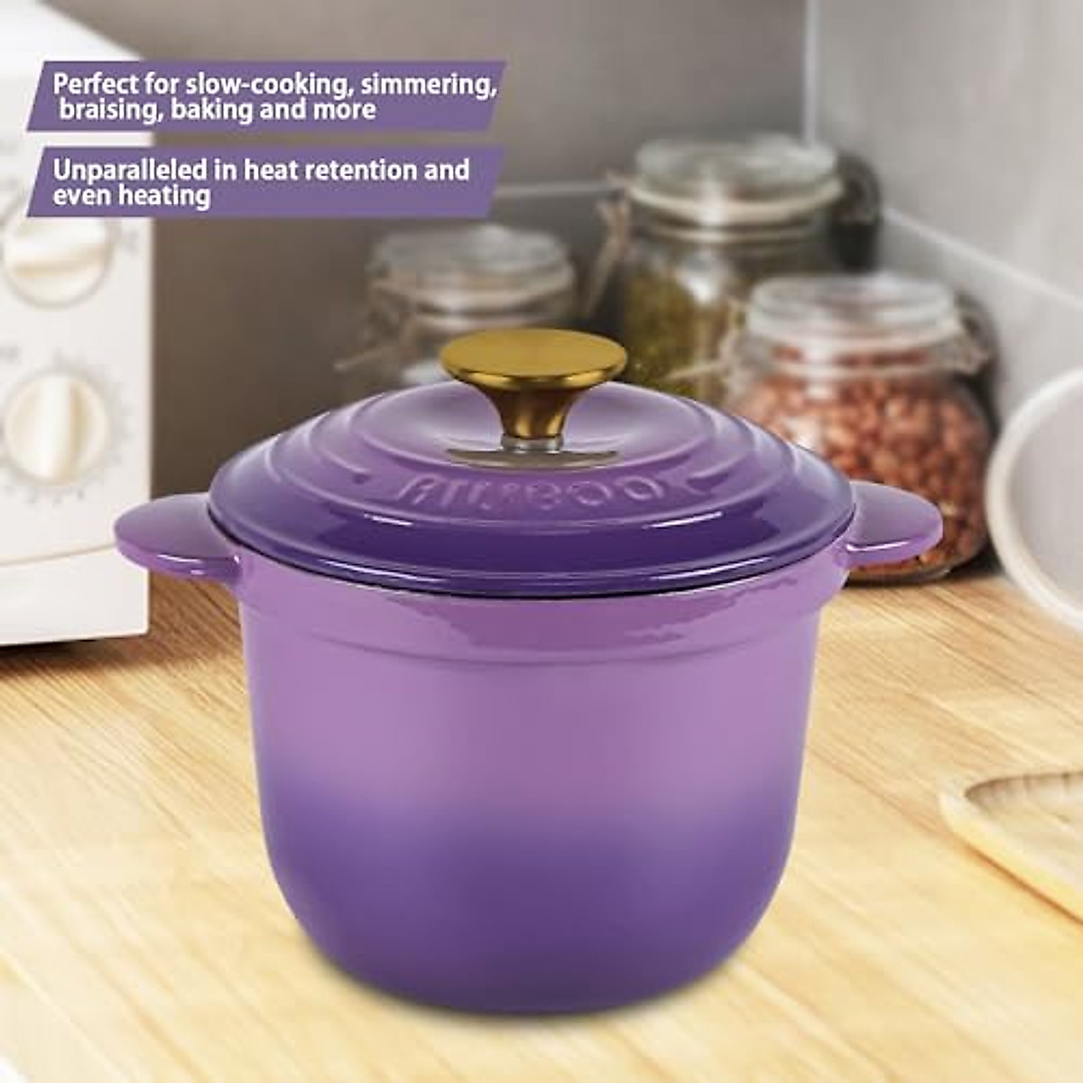 AILIBOO 2 Quart Dutch Oven Pot with Lid – Dual Handles,for No Knead Bread Baking, Sourdough Loaf, Non-Coated & Non-Toxic Ceramic Small Bread Oven Pan-purple