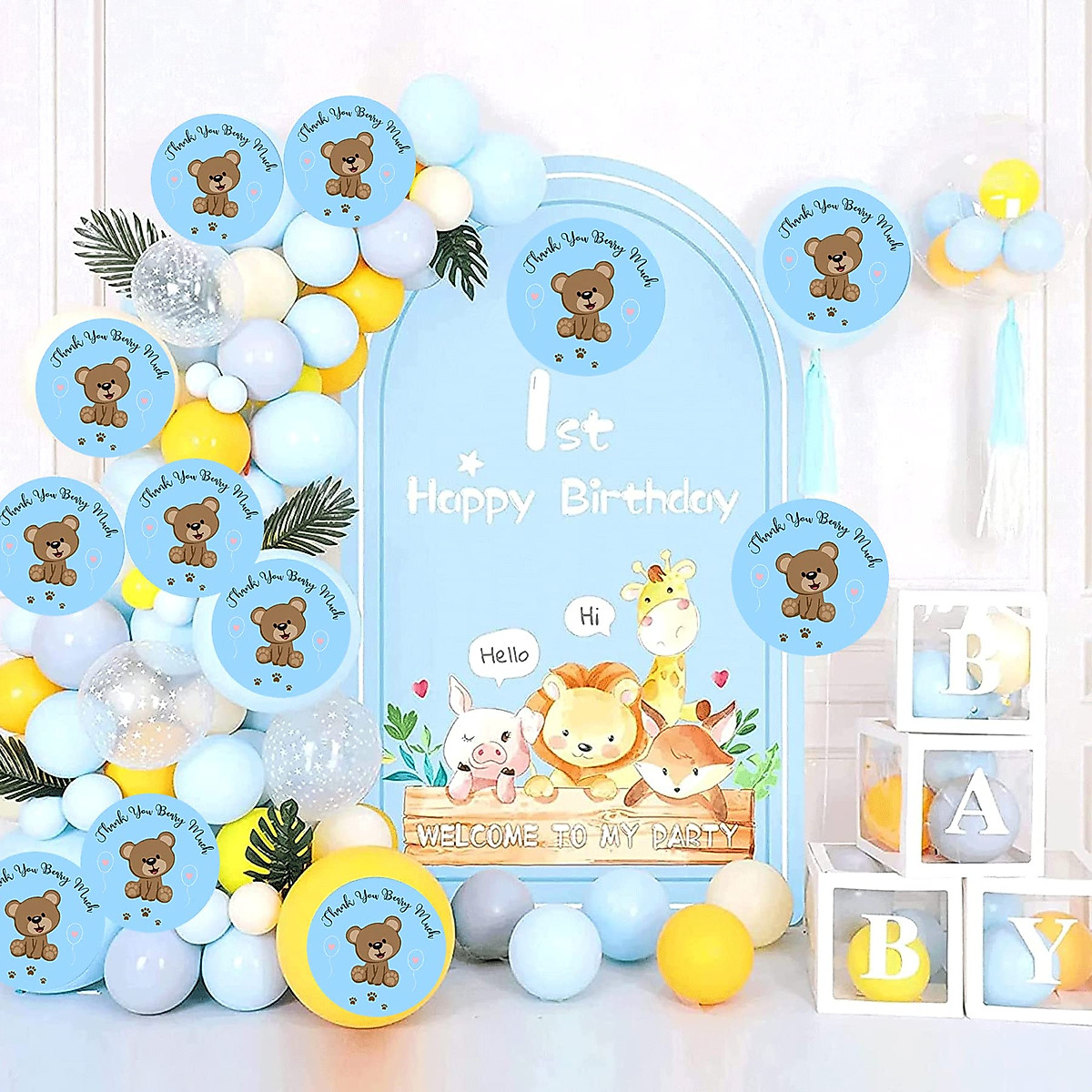 Blue Tedd Bear Stickers 2" Thank You Beary Much Labels-250 Pcs Teddy Bear Thank You Sticker Labels Boy Baby Shower Favors Labels Birthday Party Favor Labels with Balloon for Gift Bags Seal Sticker
