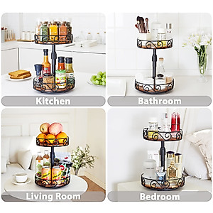 Y&M 2 Tier Lazy Susan, 9” & 10” Acacia Wood Lazy Susan Turntable Organizer, Height Adjustable Spice Rack with Steel Sides, Spice Jars Organization for Cabinet, Pantry, Kitchen, Bathroom, Countertop