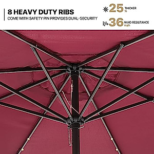 MoNiBloom 9 ft Patio Umbrellas Solar LED Lighted Patio Market Crank Lift Water-proof Umbrella with 8 Ribs and Sturdy Pole for Yard Garden Poolside Patio, Burgundy