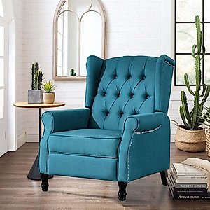 Altrobene Pushback Recliner Chair, Modern Accent Arm Chair, Fabric Wingback Chair for Living Room Bedroom, Blue