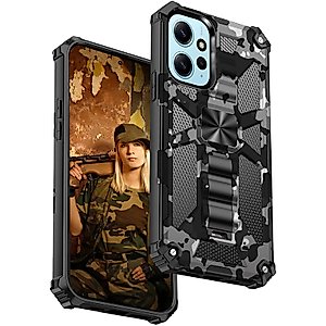 Ysnzaq Military Grade Camo Case for Xiaomi Redmi Note 12 4G (Not 5G), Rugged Shockproof Armor Phone Cover with Built in Kickstand for Xiaomi Redmi Note 12 4G MC Marble Black