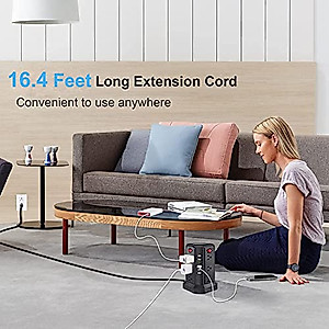 Power Strip Tower Surge Protector, 16.4 FT Extension Cord with 12 AC Outlets 5 USB Charging Ports Desktop Charging Tower Station for Multiple Devices for Home Office Dorm Room Black