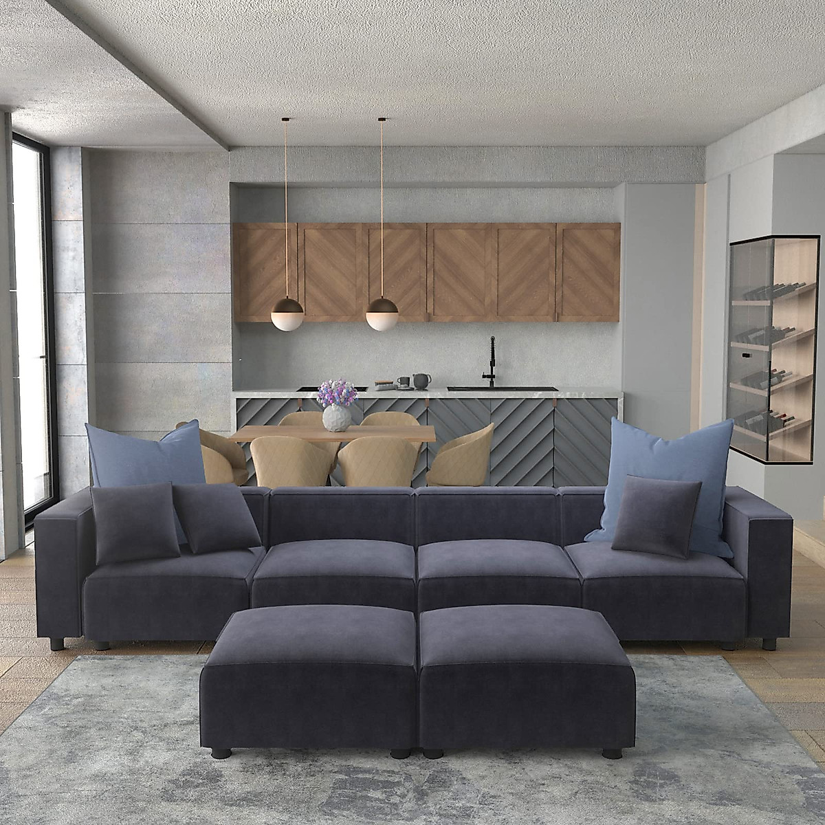 LLappuil Modern Modular Sectional Sofa Set, Low Back Minimalist Style Couch with Ottoman and Chaise Lounge, Soft Fabric 6 Seater 138.4" U Shaped Sofa for Living Room, Dark Grey