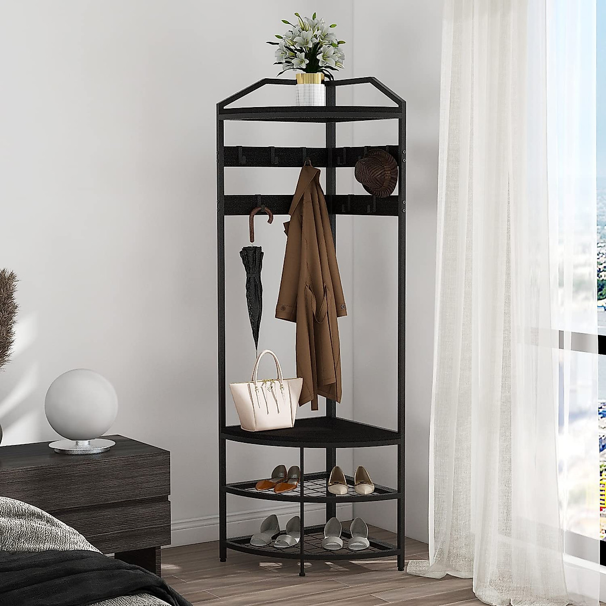 GiftGo Modern Black Entryway Corner Hall Tree with Shoe Bench Entryway Coat Rack with 10 Metal Movable Hooks Wooden Clothes Rack Shoes Shelf Organizer for Home Office Bedroom (Black)