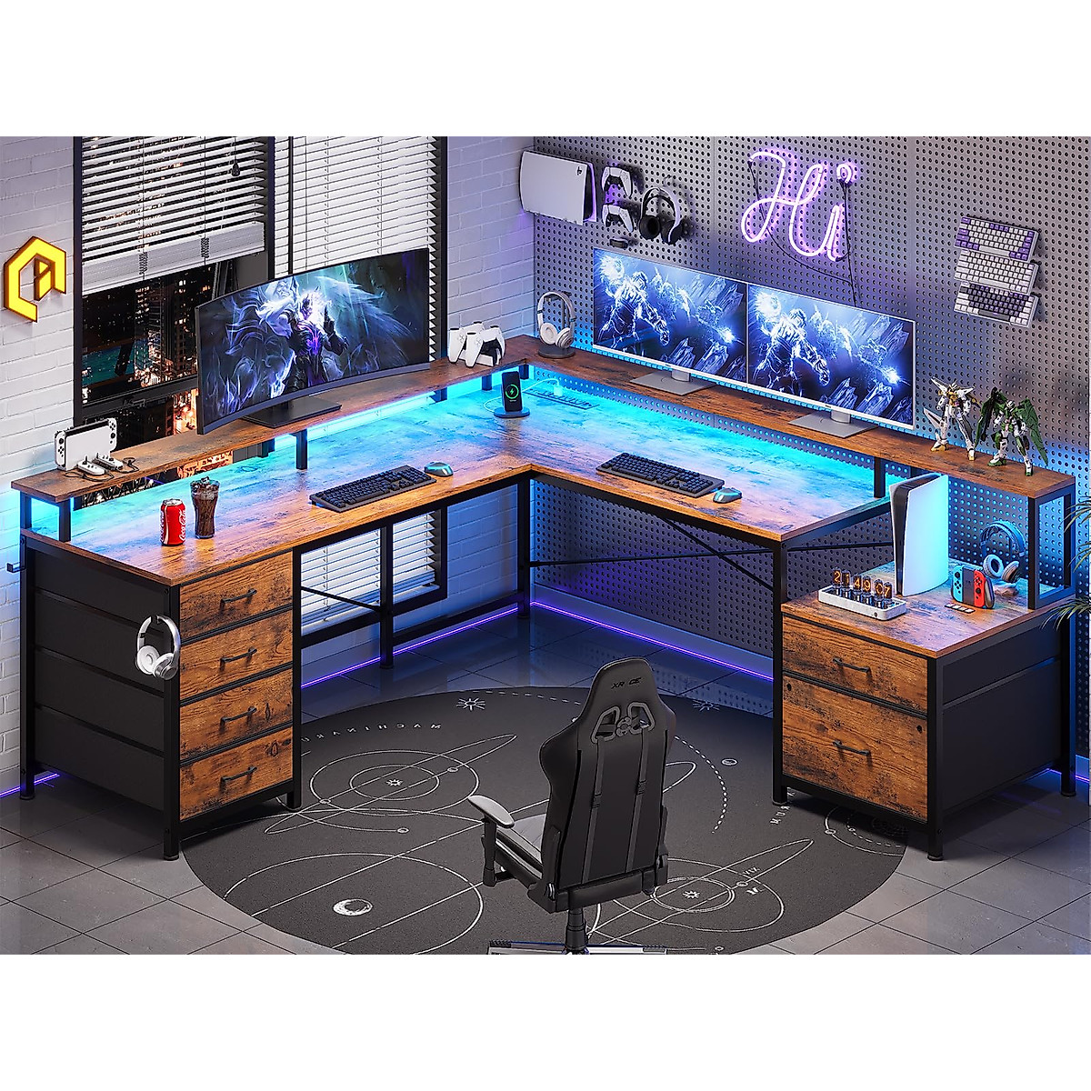 SEDETA L Shaped Desk with 6 Drawer, 108" Home Office Desk with File Drawer & Power Outlet, Corner Computer Desk with Monitor Shelf, Two Person Desk, Gaming Desk with Led Lights, Rustic Brown