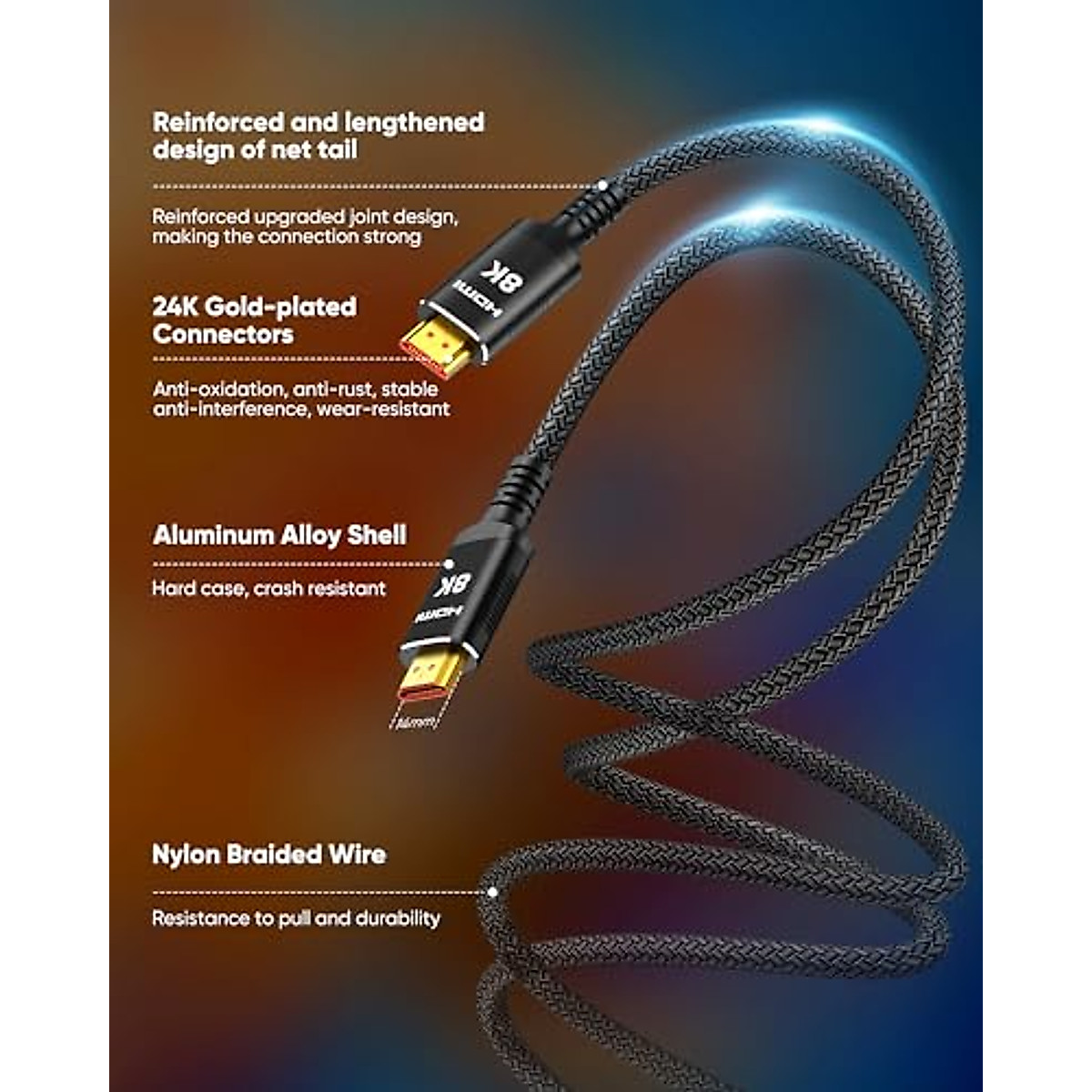 Snowkids 10K 8K HDMI 2.1 Cable 15FT, 48Gbps Ultra High Speed Long HDMI Cable 8K/60Hz 4K/120Hz 144Hz Braided Black HDMI Cord eARC HDR10 HDCP 2.2&2.3 Compatible with Roku TV/PS5/HDTV and More