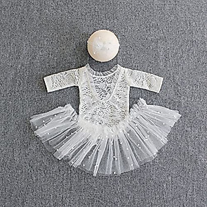 Zeroest Newborn Photography Outfits Girl Lace Romper Newborn Photography Props Rompers Baby Girls Skirt Photoshoot 3PCS (White-Long Sleeve)