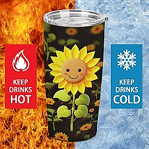 FHENMSA Stainless Steel Insulated Travel Coffee Mug,Cute Sunflower Print Reusable Car Cup,Thermal Cup for Outdoor with Straw And Lid