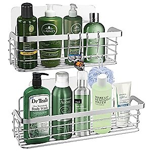 Adhesive Shower Caddy (2 Pack), Bathroom Shelves with 2 Double-Hooks, 100% SUS304 Stainless Steel Bathroom Organizer for Organization and Storage, Silver…
