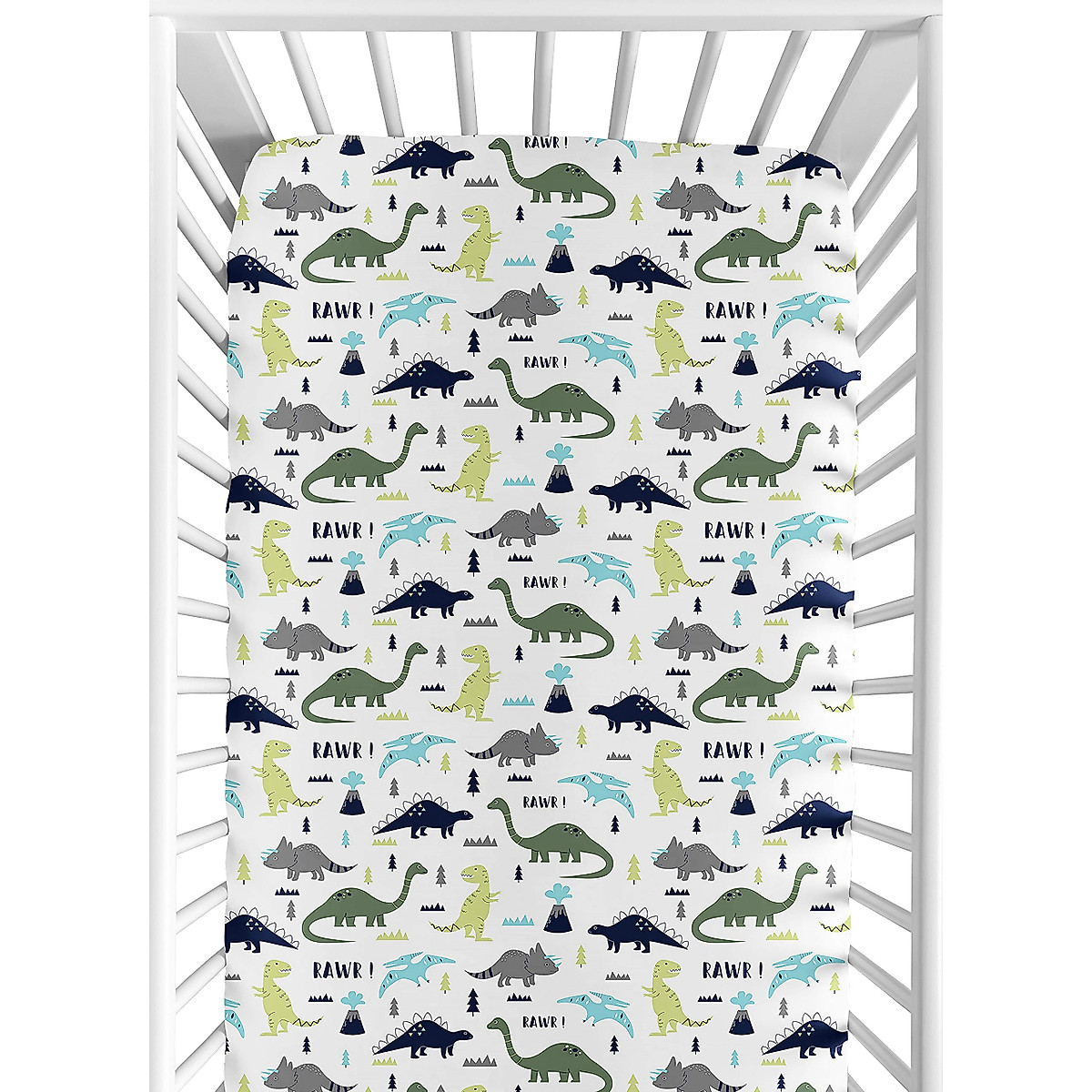 Sweet JoJo Designs Mod Dino Boy Jersey Stretch Knit Baby Fitted Crib Sheet for Soft Toddler Bed Nursery - Blue, Green and Grey Modern Dinosaur