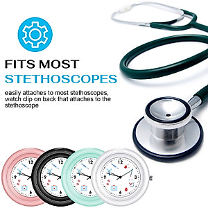 Janmercy 4 Pcs Stethoscope Watch with Medical Symbols for Doctor Clinic Staff Tunic Nurses Stethoscope Clock Watches Clip on Watch Lightweight Frame Nursing Stethoscope Accessories