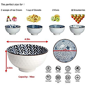 Swuut Japanese Style Ceramic Cereal Bowls,10 Ounces Salad,Soup,Rice Bowl Set,Blue and White (4.5 inch)
