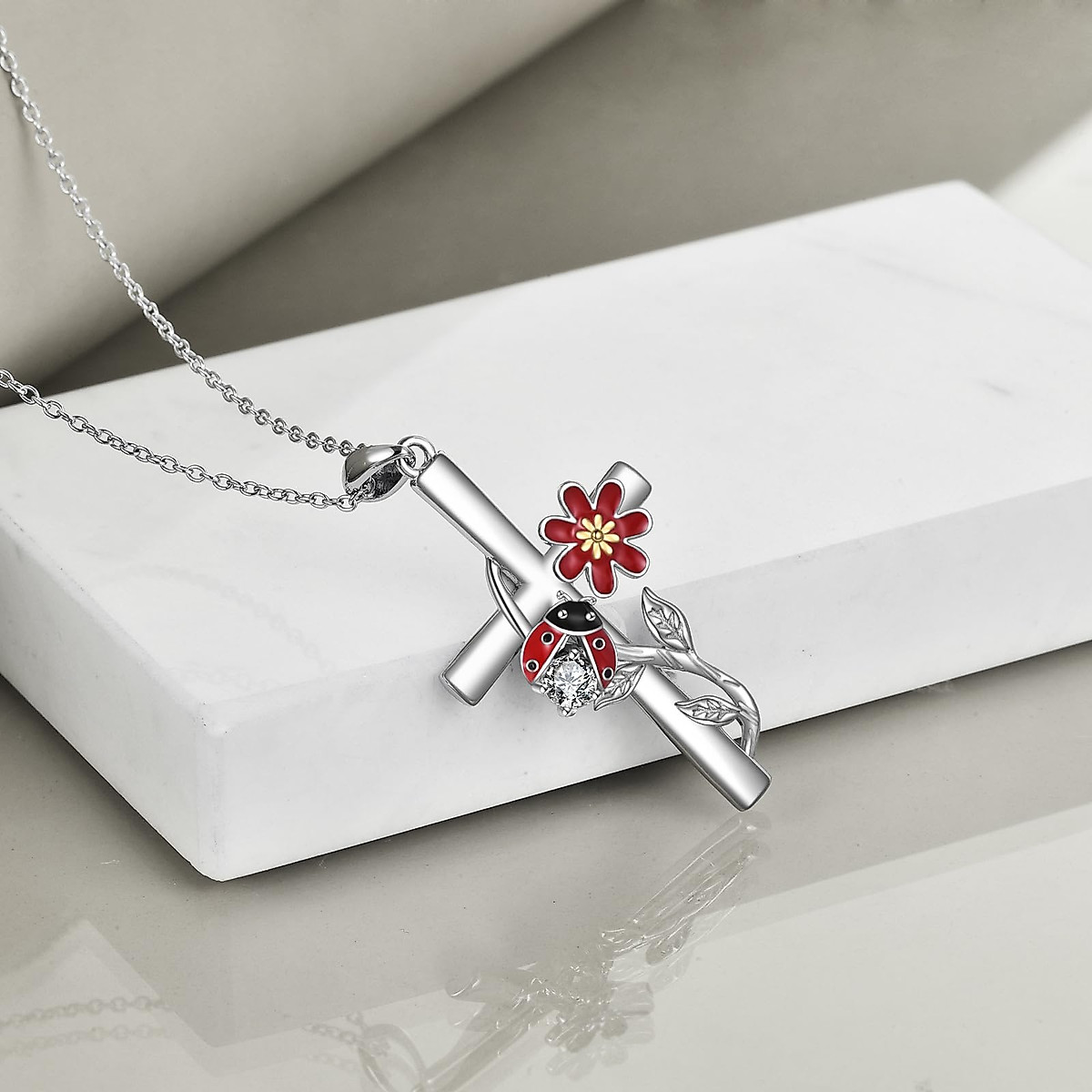 CRMAD Ladybug Cross Necklace Gifts for Women Sterling Silver Ladybug Daisy Flower Necklace Jewelry