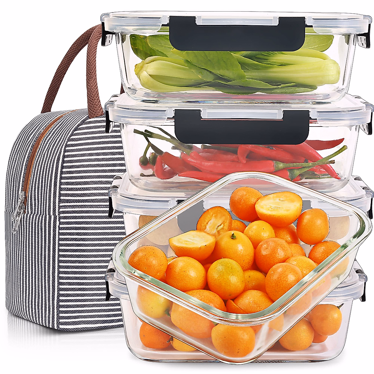 DAS TRUST 5 Pack 36oz Glass Food Storage Containers Reusable Meal Prep Containers Fridge Organizers Lunch Containers for Adults with Lid Airtight