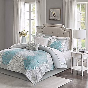Madison Park Essentials Maible Cozy Bed in A Bag Comforter with Complete Cotton Sheet Set-Floral Medallion Damask Design All Season Cover, Decorative Pillow, Full (78 in x 86 in), Floral Aqua 9 Piece