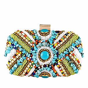 Vintage Colorful Stones Women Beaded Clutch Bag Evening Wedding Handbags Purses (Gold)