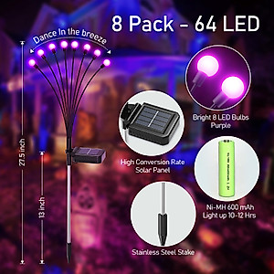 KELME Halloween Decorations Outdoor, 8 Pack 64 LED Swaying Solar Halloween Lights, Bright Firefly Garden Lights Solar Outdoor Halloween Decor Decorations for Outside Yard Pathway - Purple
