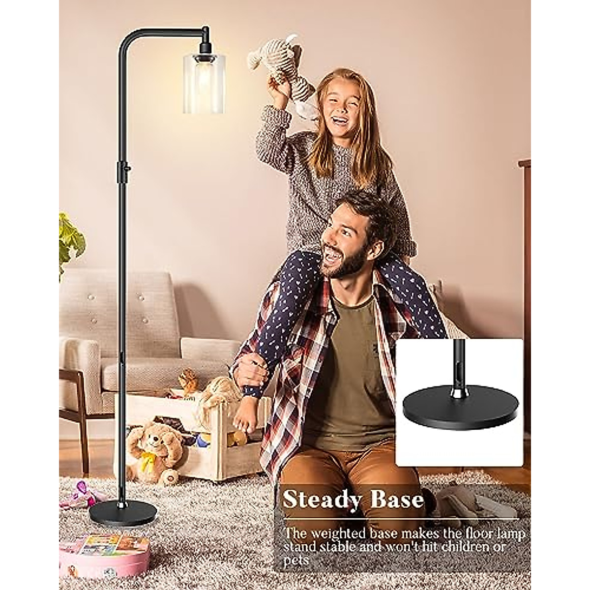 bulbeats 63IN Dimmable (Brightness Adjustable) Industrial Floor Lamp, Black Modern Standing Lamps with Clear Glass Lampshade, E26 LED Bulb Included, Farmhouse Floor Lamp for Living Room Bedroom