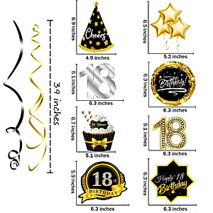18th Birthday Decoration Ceiling Hanging Swirls(16 Pcs), Happy 18th Birthday Party Silver Black Gold Foil Swirl Streamers, Birthday Party Supplies