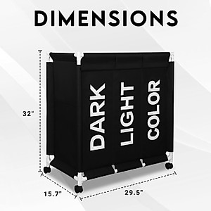 ZOES HOMEWARE Laundry Sorter 3 Section, 170L Laundry Cart with 3 × 15 Gal Compartment Laundry Hamper, Divided Laundry Separator, Laundry Basket Organizer, Black Laundry Hamper on Wheels