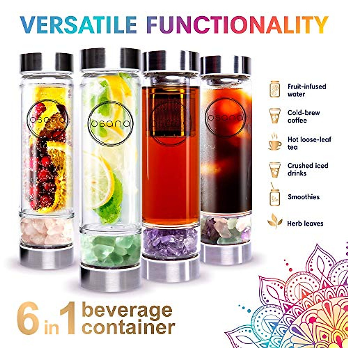 OSANA Crystal Water Bottle with 3 Changeable Healing Crystals – Amethyst, Rose Quartz, Green Fluorite – Loose Leaf Tea Bottle – Gem Elixir Infused Glass Water Bottle - 16.9 oz
