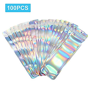 100 Pieces Smell Proof Bags Holographic Packaging Bags Storage Bag with Clear Window for Food Storage (Holographic Color, 2.8x8.7 Inch)