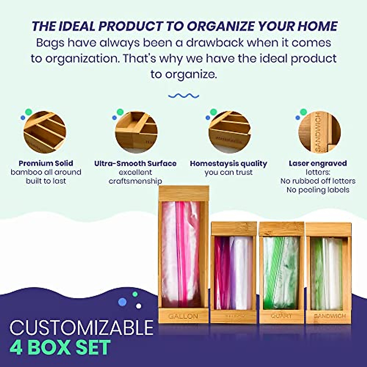 Homestaysis Premium Bamboo Ziplock Bag Storage Organizer for Kitchen Drawer, 4 Separate Box Organizer w/Plastic Bag Drying Rack, Baggie Holder Dispenser Compatible w/Gallon, Quart, Sandwich