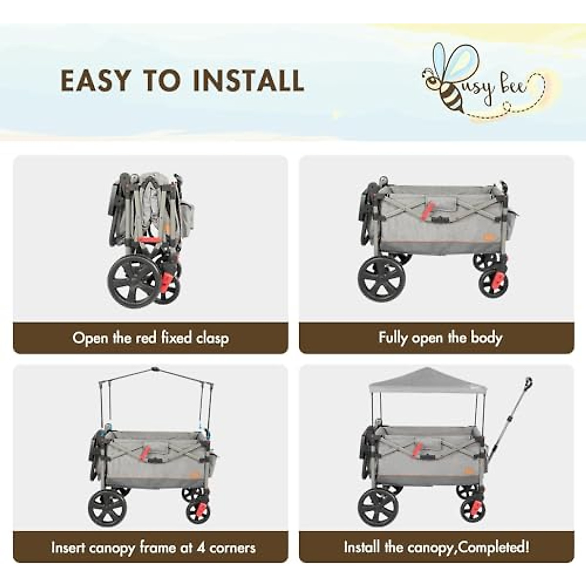 Busy Bee Foldable Wagon Stroller for 2 Kids, Push Pull Collapsible Kids Wagon with Adjustable Handle Bar, Removable Canopy, 5-Point Harness, Shock-Absorbing Wheels, Grey