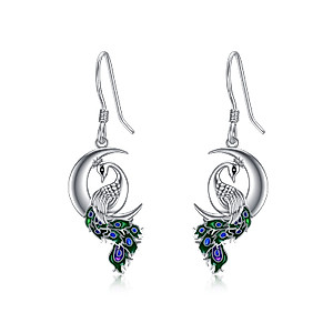 Peacock Moon Dangle Earrings 925 Sterling Silver Crescent Half Moon Peafowl Drop Dangling Earrings Jewelry Gifts for Women