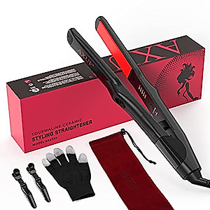 AXUF Professional Hair Straightener,Flat Iron for Hair with 5s Fast Heating & 5 Temp Setting ,Hair Straightener and Curler 2 in 1 for All Hairstyles, 1-inch Dual Voltage,Gifts for Women, Black/Red