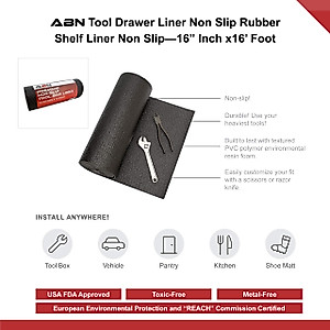 ABN Tool Drawer Liner Non Slip Tool Box Liner - Bulk Rubber Shelf Liner Roll Black Shelf Liner Non Adhesive, 16in x 16ft
