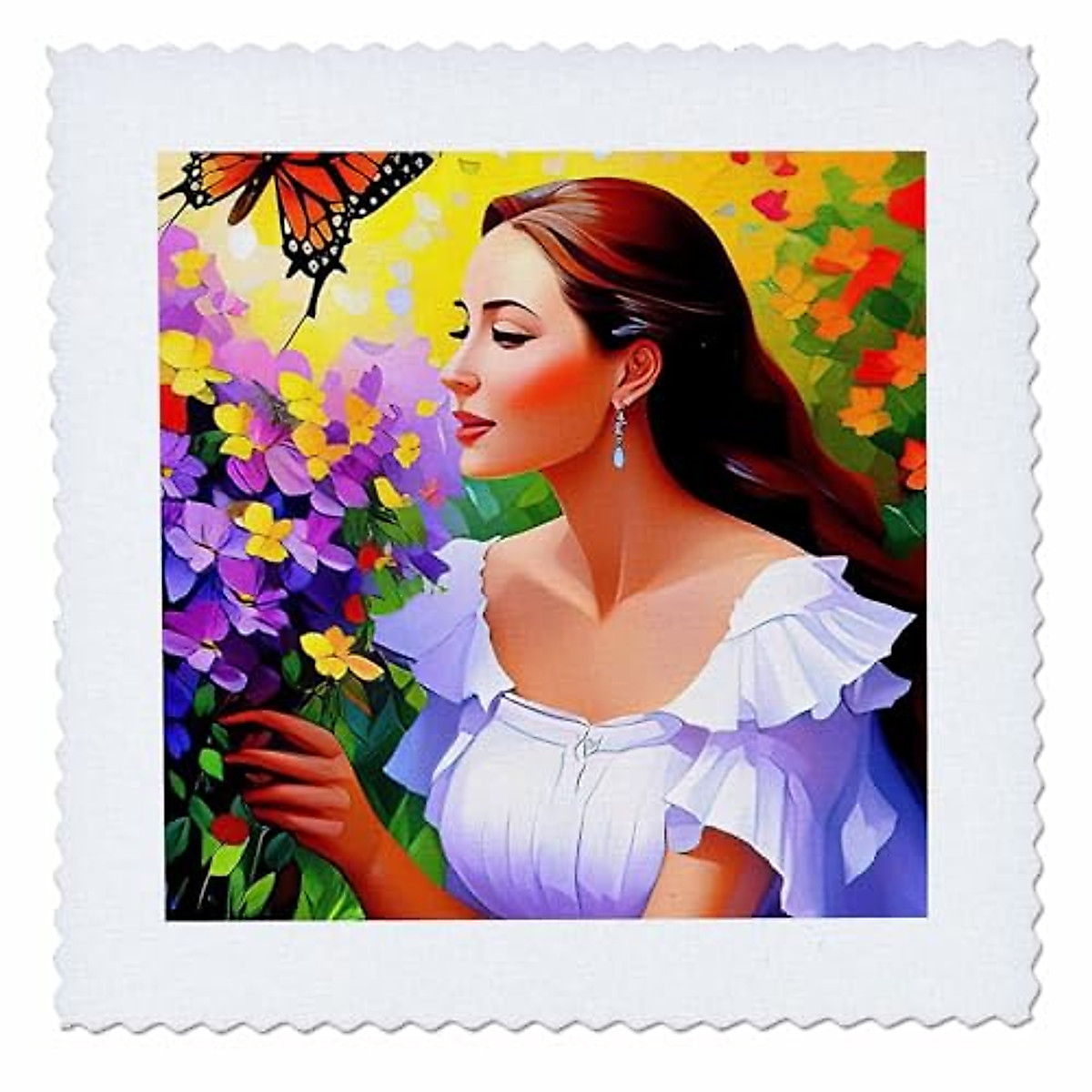 3dRose Stunning Young Lady, Purple Flowers, Summer Garden and a... - Quilt Squares (qs-379059-8)