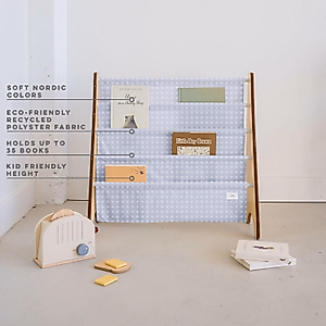 3 Sprouts Recycled Fabric Kids Bookshelf – 4-Tier Sling Book Rack Storage - Kids Room Book Shelves, Nursery, Playroom, Classroom - Bookcase Display Shelf for Toddler, Children Age 3+ - Gingham Blue