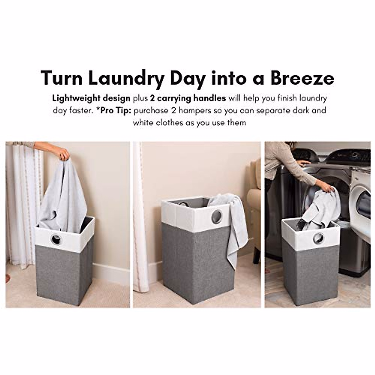 BIRDROCK HOME Folding Cloth Laundry Hamper with Handles - Dirty Clothes Sorter Basket - Easy Storage - Collapsible - Home Organization - Grey and White