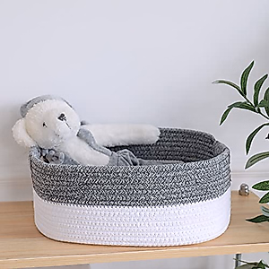 LA JOLIE MUSE Rectangle Cotton Rope Storage Basket Set of 2, Natural and Safe For Baby Kids Nursery, Two-Tone Woven Decorative Baskets, White & Gray