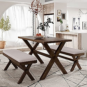 Harper & Bright Designs 3-Piece Wood Dining Table Set, Farmhouse Rustic Kitchen Dining Table with 2 Upholstered Benches, Brown+Beige