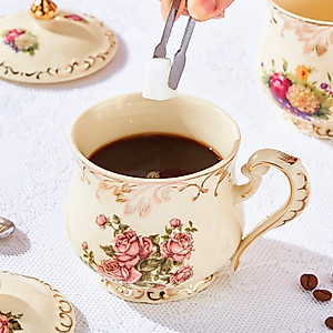 YOLIFE Tea Cup with Lid, 12 oz Tea Cup with lid and Spoon, Ceramic Flower Tea Cups Birthday Gift for Mom Women (Pink Rose)