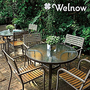 Welnow 35" x 35" Outdoor Bistro Table Metal Round Patio Side Table Outdoor Coffee Table Furniture Garden Backyard Dining Table, W/Elegant Water Ripple Glass Table Top (Brown)