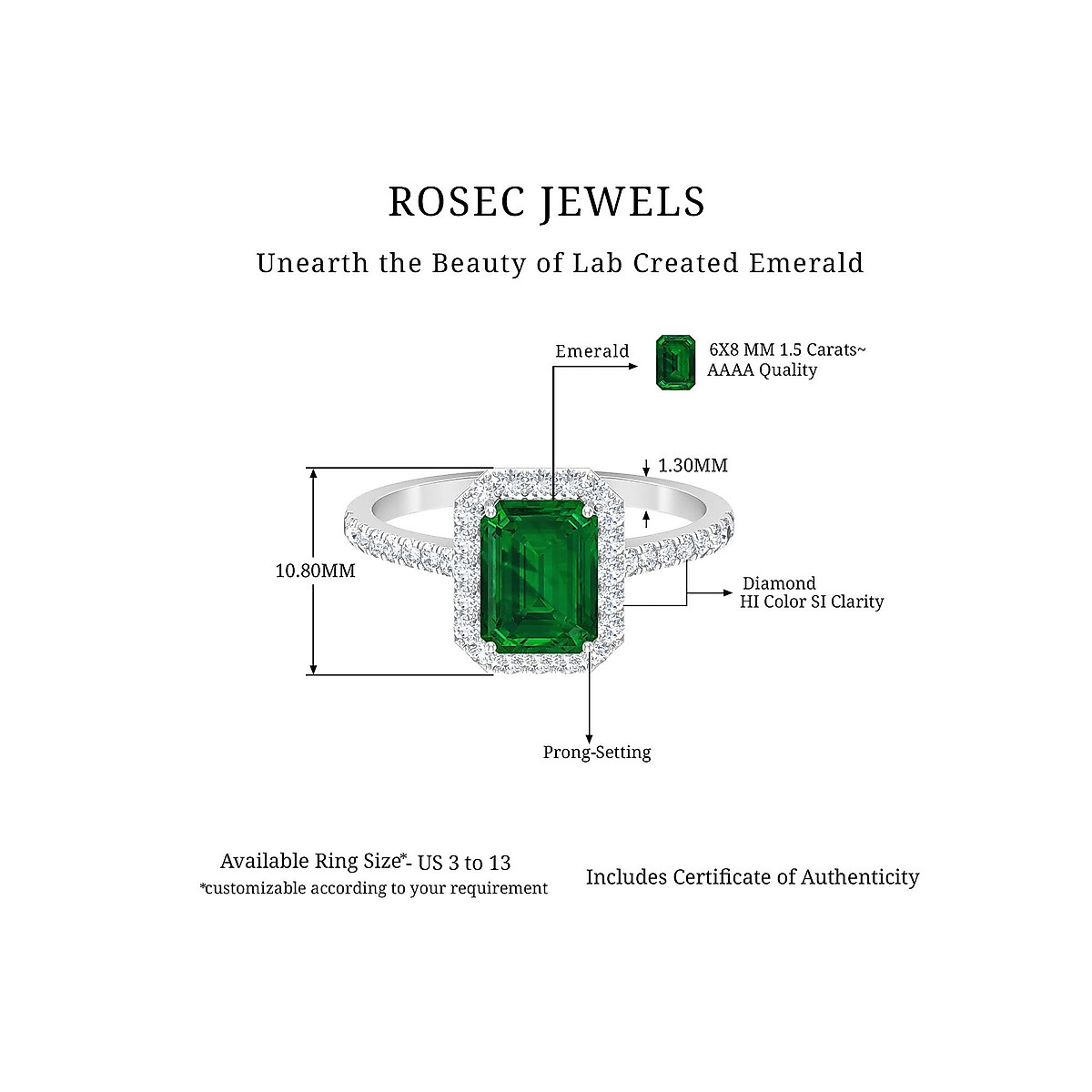 Rosec Jewels Lab Grown Emerald Diamond Halo Engagement Ring, AAAA Quality, Certified Emerald 6X8 MM Emerald Cut Engagement Ring, 14K Yellow Gold, Size:US 7.00